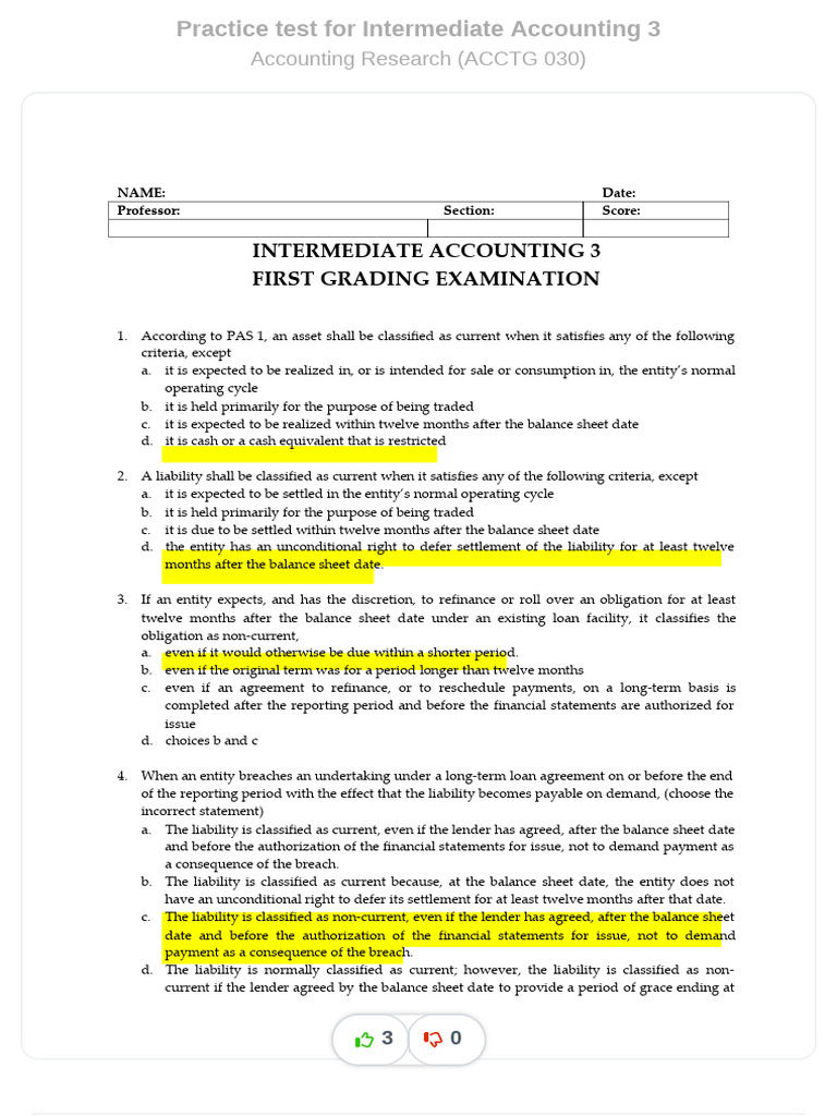Intermediate Accounting 3 Practice Test | PDF | Going Concern | Expense