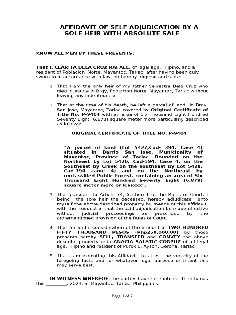 Affidavit of Self Adjudication by A Sole Heir With Absolute Sale ... Affidavit of Self Adjudication by A Sole Heir With Absolute Sale ...