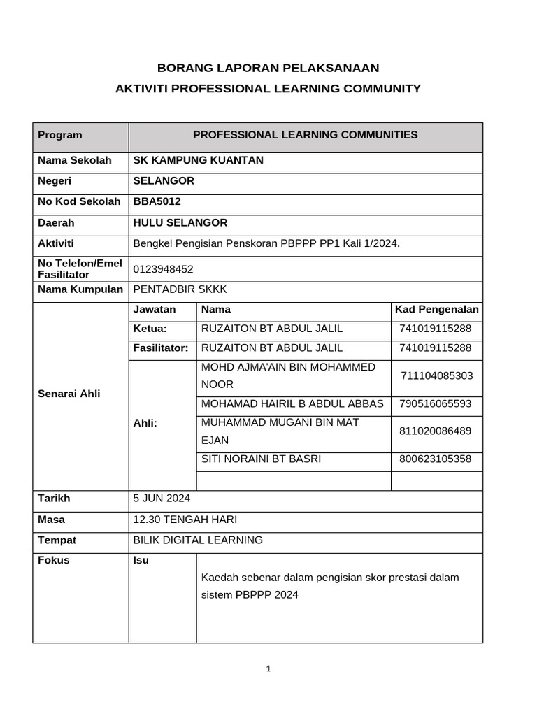 Borang Pelaporan PLC PBPPP | PDF