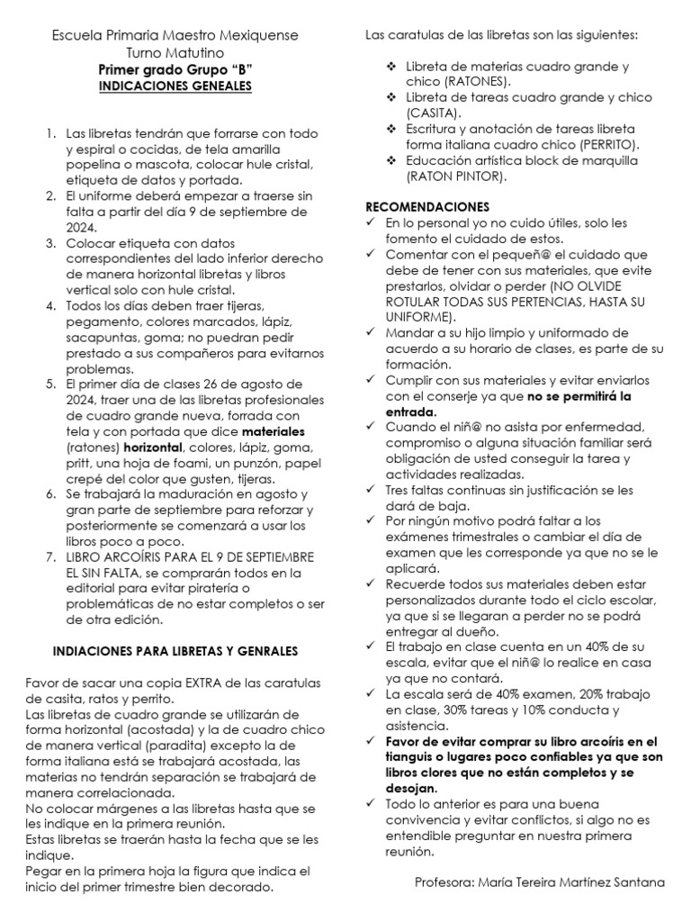 NDICACIONES PARA LIBRETAS PRIMER GRADO | PDF