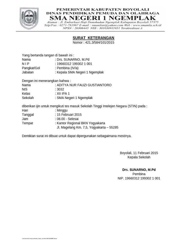 Contoh Suket Aditya STIN | PDF