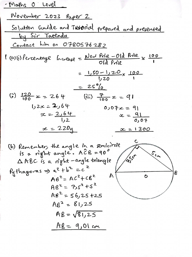 ZIMSEC O' Level Maths - November 2023 (Paper 2) - Answers | PDF