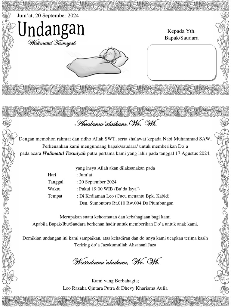 Contoh Undangan Walimatul Tasmiyah | PDF