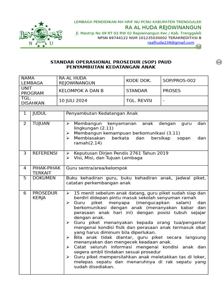 2024 2 Sop Paud Penyambutan Kedatangan Anak | PDF