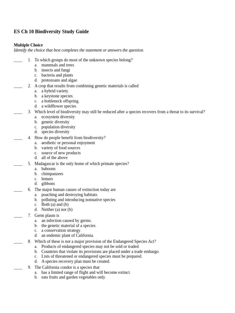 ES CH 10 Biodiversity Study Guide | PDF