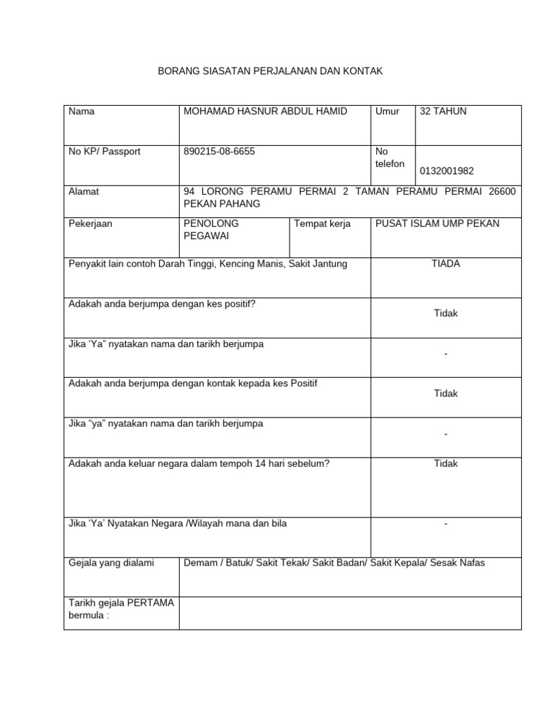 BORANG SARINGAN KONTAK | PDF