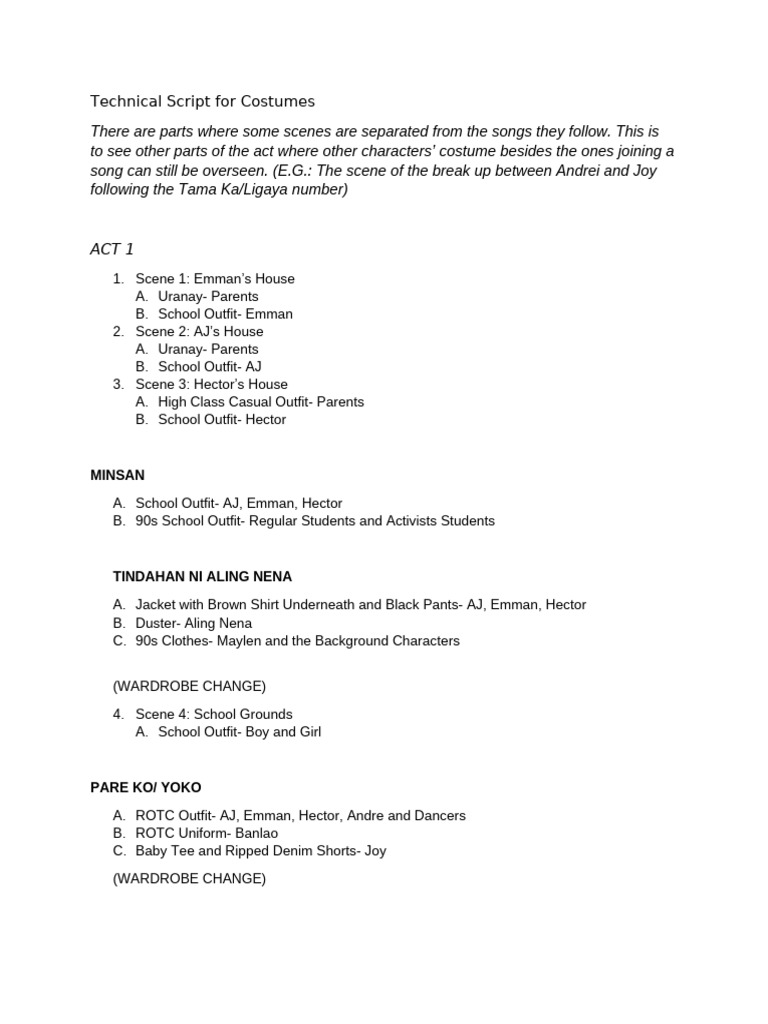 Technical Script For Costumes ACT 1 ACT 2 | PDF