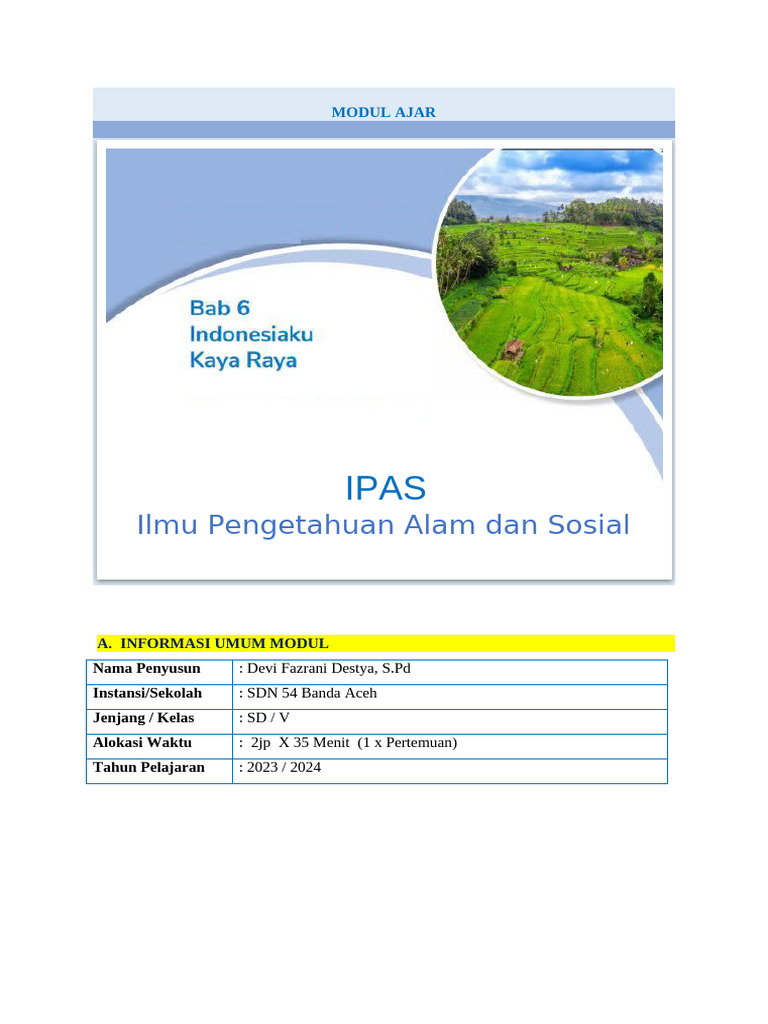 MODUL AJAR PTT BAB 6 - MA IPAS Kls 5 SEM 2 | PDF