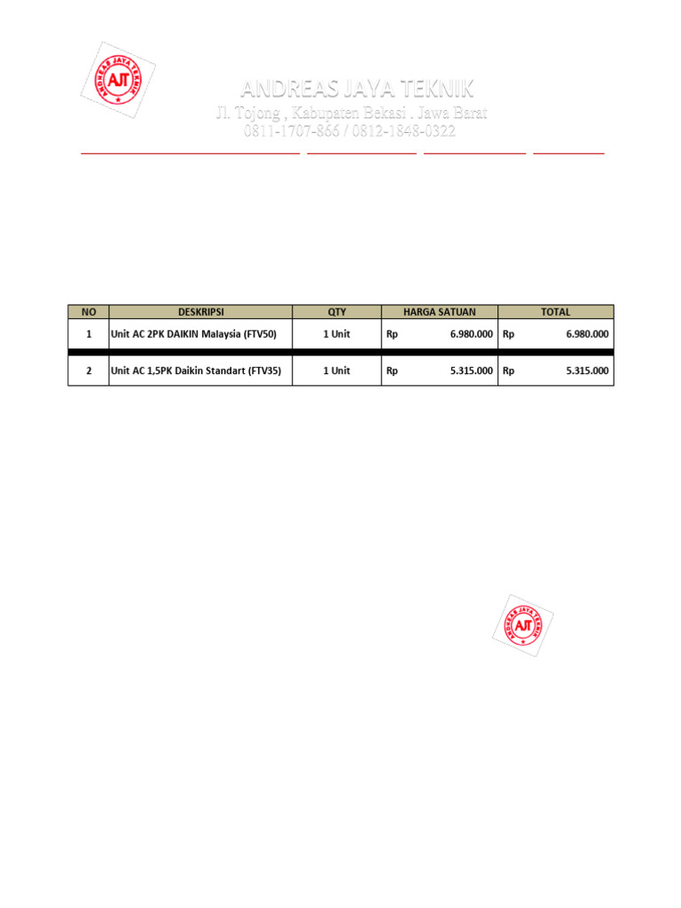 AJT - JUNO Penawaran AC DAIKIN | PDF