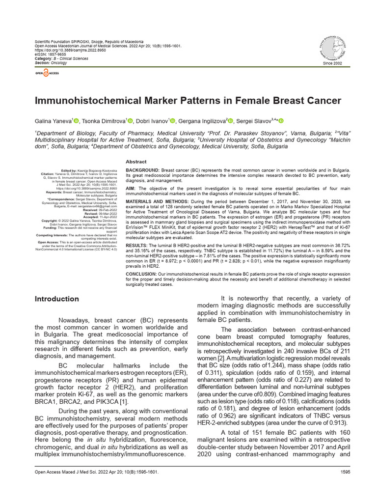 Immunohistochemical Marker Patterns in Female Breast Cancer | PDF ...