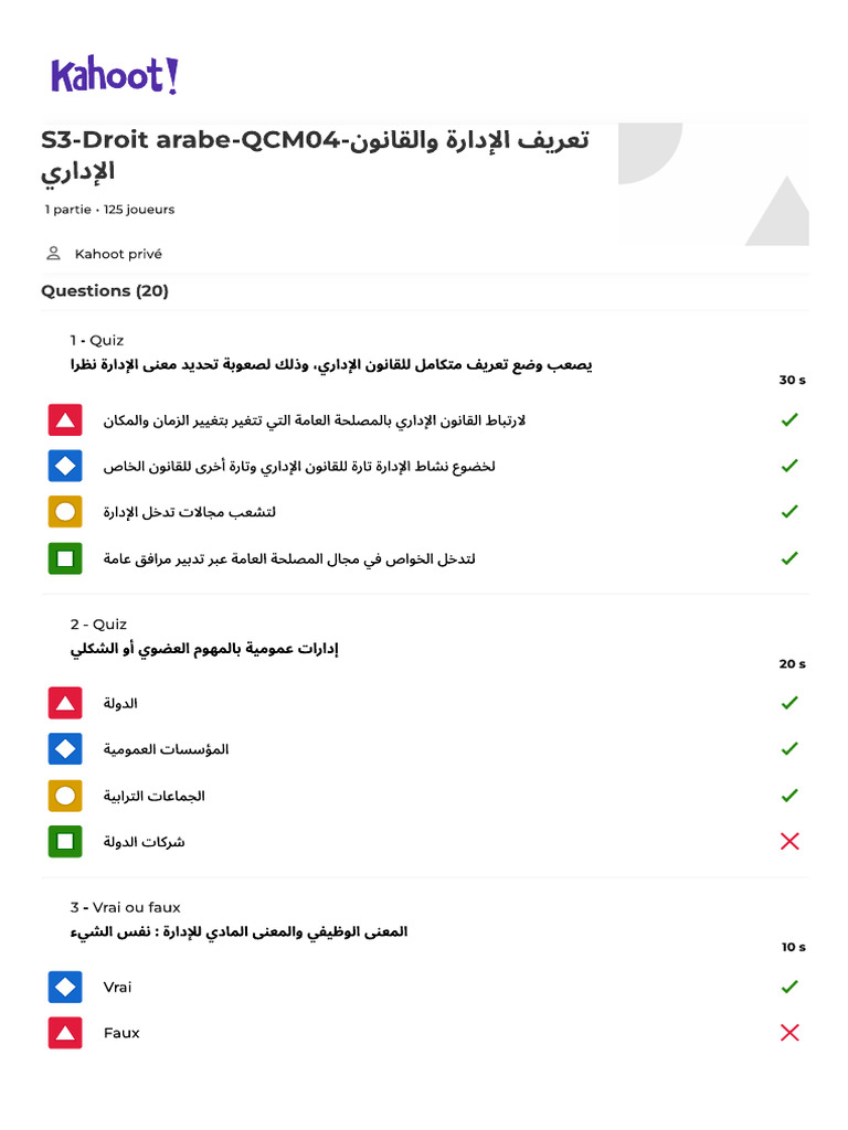 S3-Droit Arabe-QCM04-تعريف الإدارة والقانون الإداري-QCM Corrigé | PDF