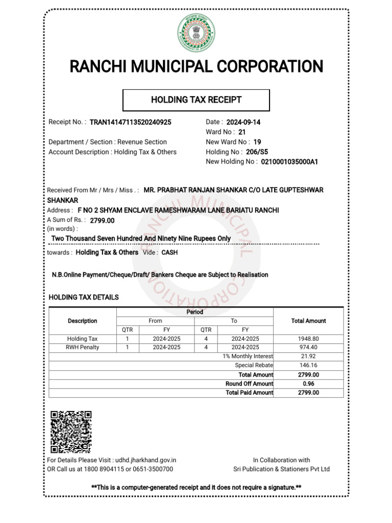 2024-25 Holding Tax Receipt | PDF