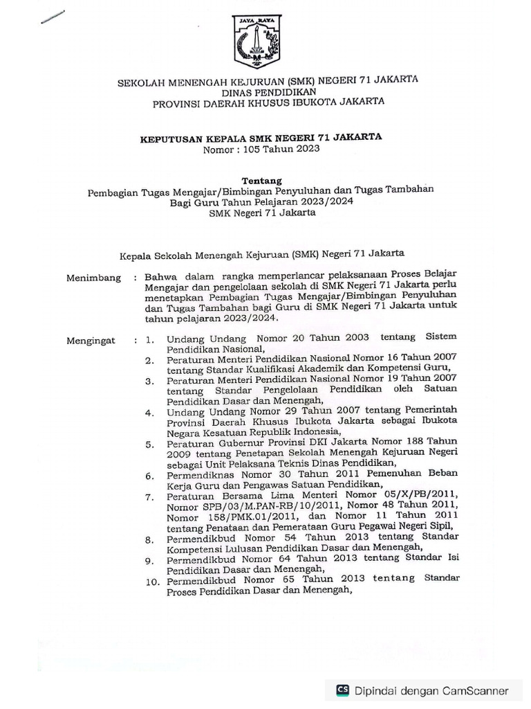 SK Pembagian Tugas Tambahan TA. 2023-2024 | PDF