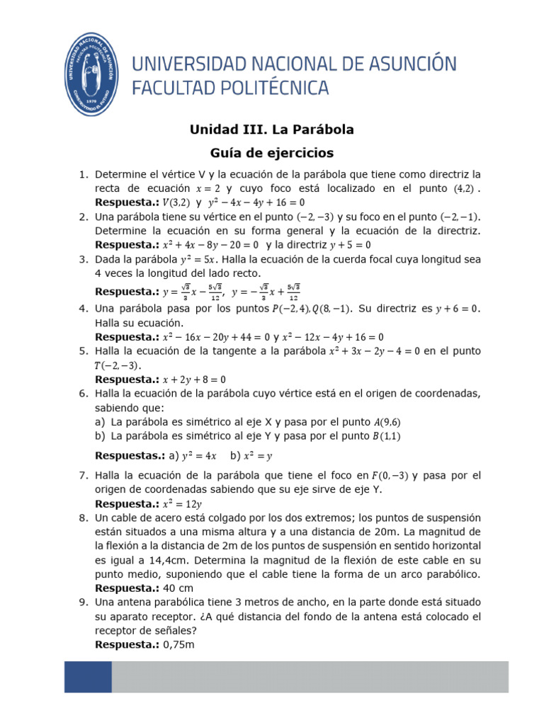 Ejercicios_Complementarios_Parábola | PDF