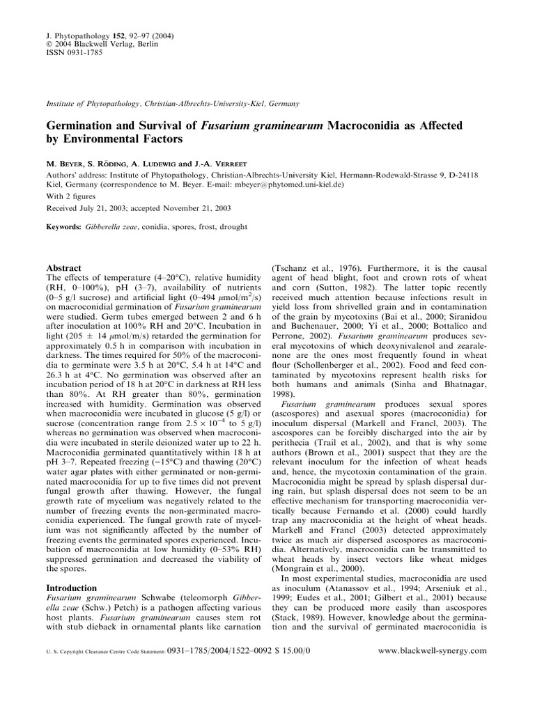 Germination and Survival of Fusarium Graminearum Macroconidia As ...