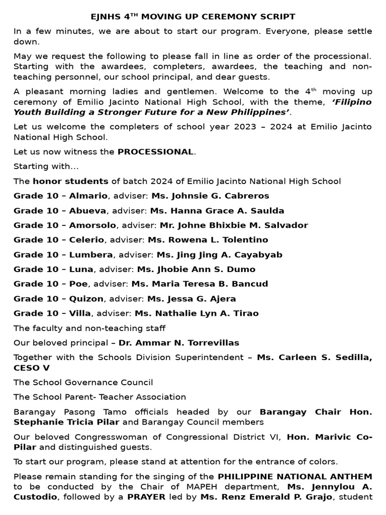 Ejnhs 4TH Moving Up Ceremony Script | PDF