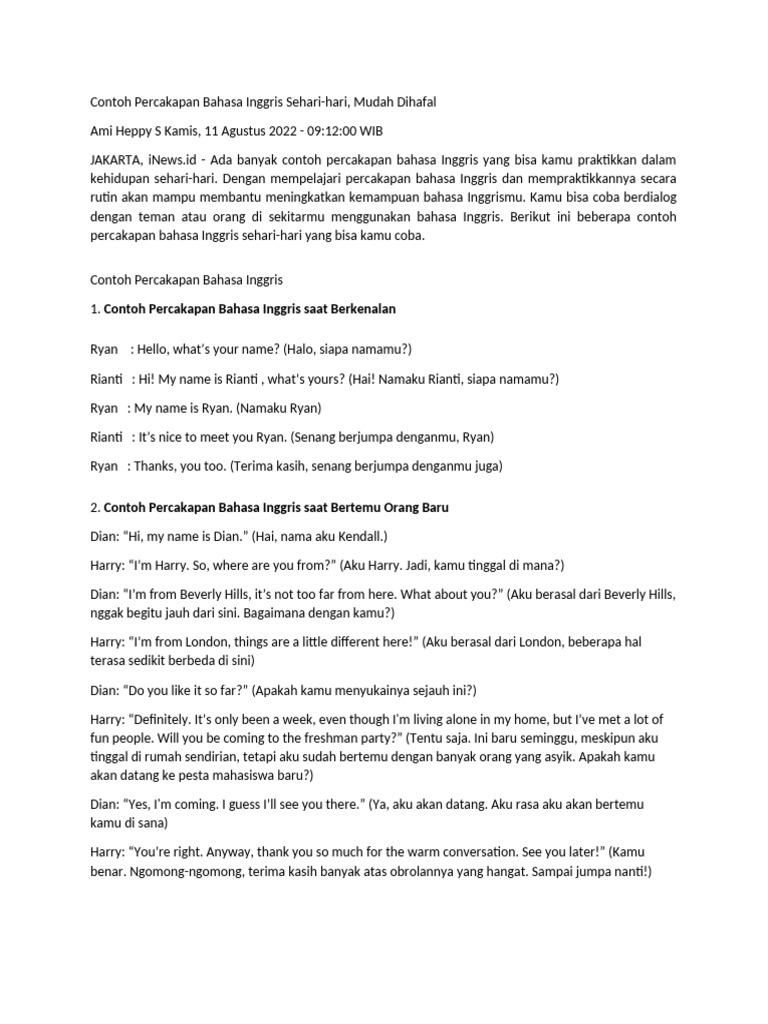 Contoh Percakapan Bahasa Inggris Sehari | PDF