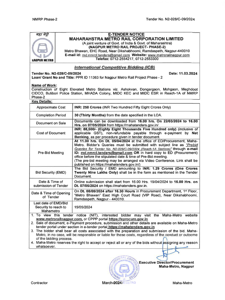 Maharahstra Metro Rail Corporation Limited: International Comeetitive Bidding (LCB) | PDF