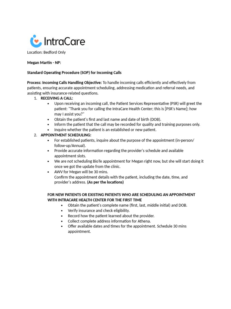 SOP Incoming Calls Megan Martin | PDF