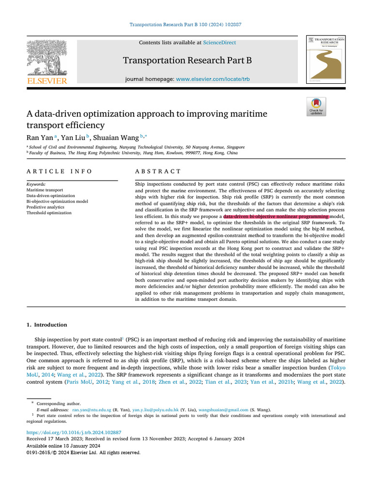 A Data-Driven Optimization Approach To Improving Maritime Transport Efficiency | PDF