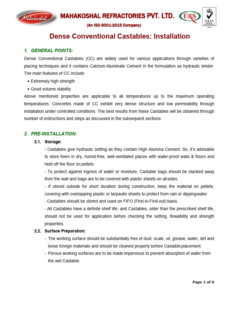 Application Procedure For Dense Conventional Castable MAXHEAT K | PDF ...