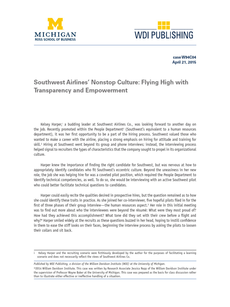 Southwest Airlines Nonstop Culture Flying High With Transparency and Empowerment | PDF