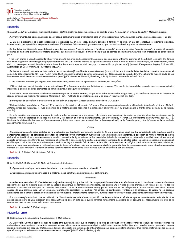 Materia, Material y Materialismo en El Vocabulario Técnico y Crítico de ...