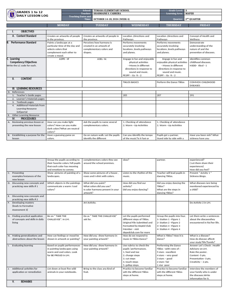 DLL - Mapeh 3 - Q2 - W4 | PDF | Behavior Modification | Learning