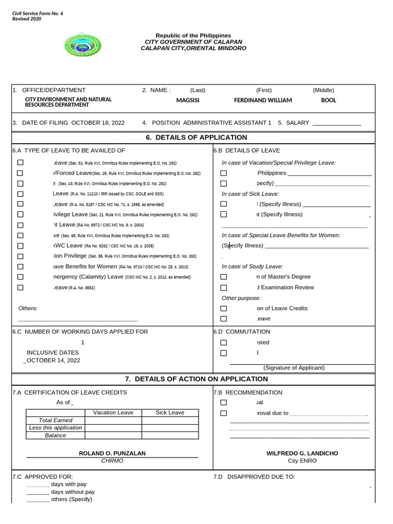 CS-Form-No.-6-Revised-2020-Application-for-Leave-Fillable New Form | PDF