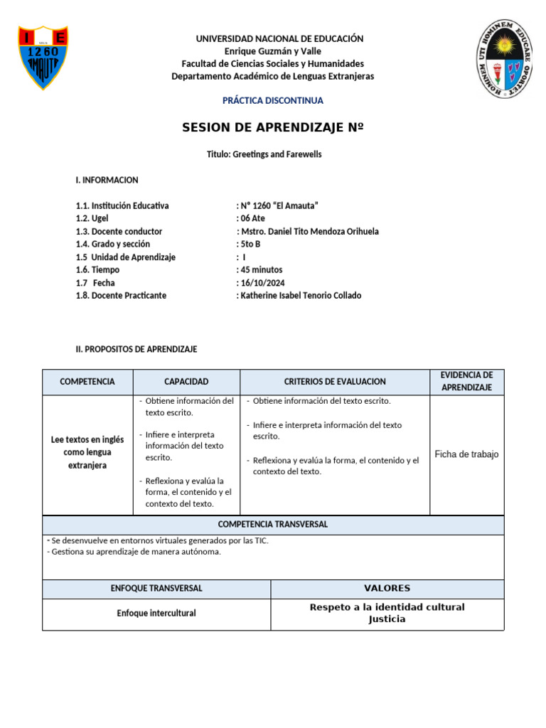Formato Sesion de Aprendizaje - PP Discontinua 2024 | PDF