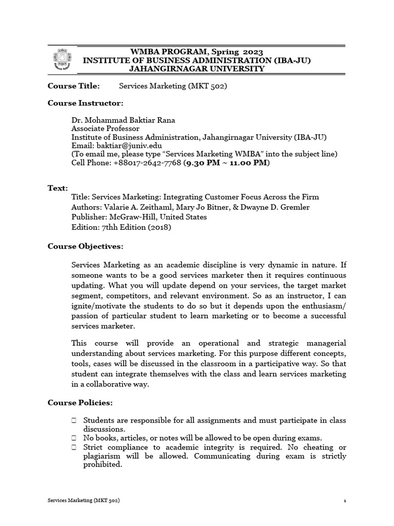 Course Outline S. MKT WMBA MKT 502 - Spring - 2023 | PDF