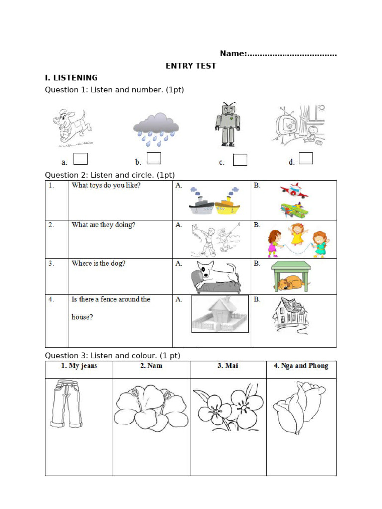 Question 1: Listen and Number. (1pt) : Name: Entry Test I. Listening | PDF