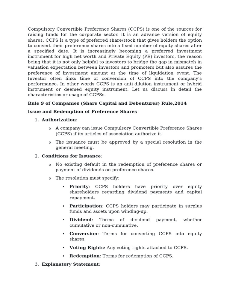 Compulsory Convertible Preference Shares (Brief) | PDF