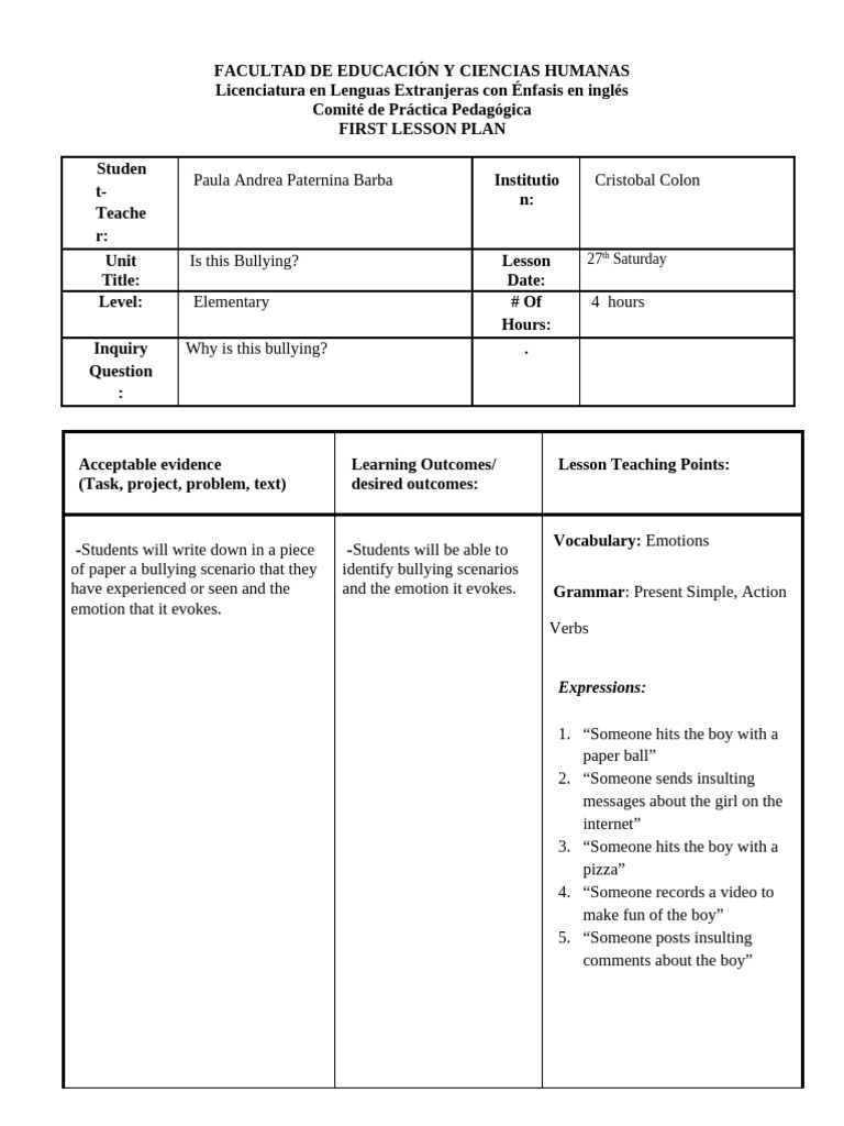 Lesson Bullying Scenarios and Emotions April 27th | PDF