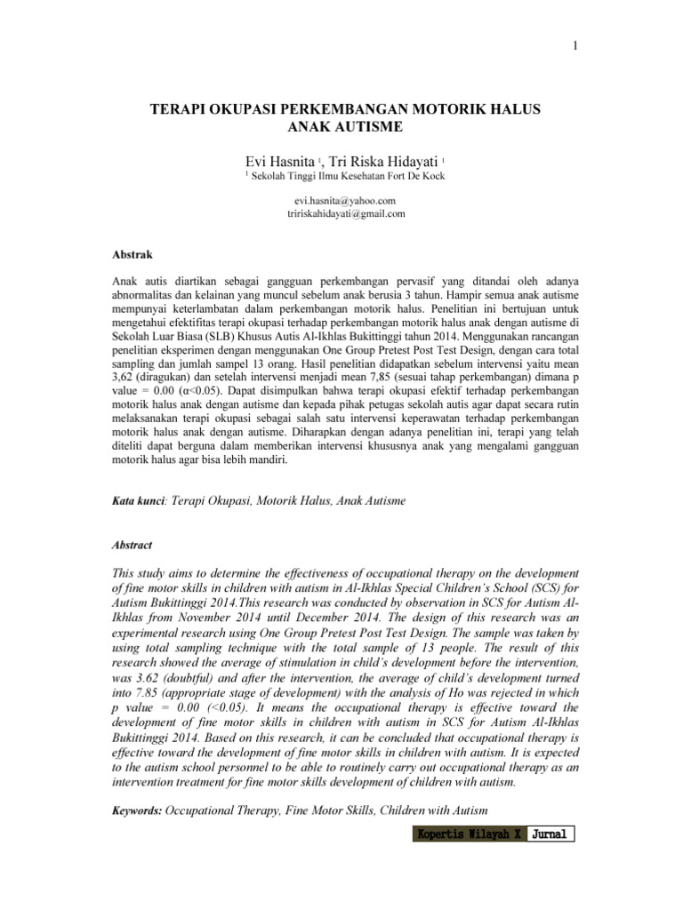 Terapi Okupasi Perkembangan Motorik Halus Anak Aut | PDF