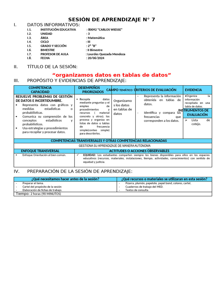 Sesión 7-Mat - Organizamos Los Datos en Tablas | PDF