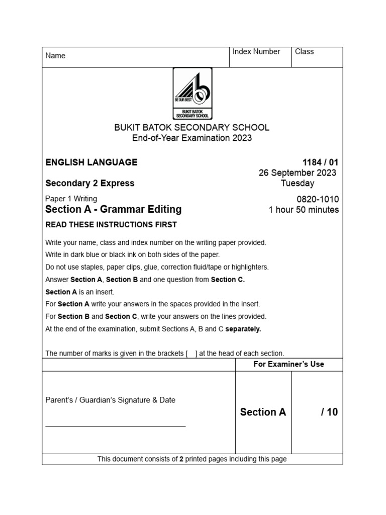 BBSS Sec 2G3 EYE - Paper 1 Section A (2023) | PDF