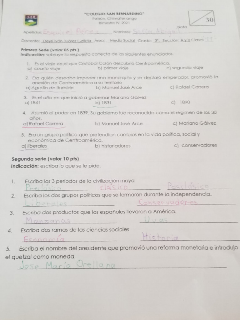 3ero, A, 11, Ultimo Examen, Seño Ivon, 4to Bloque M. Social. | PDF
