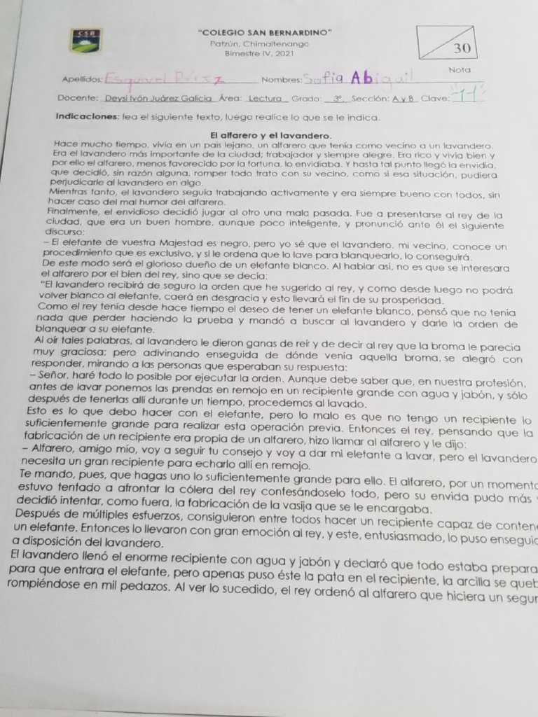 3ero, A, 11, Ultimo Examen, Seño Ivon, 4to Bloque, Lectura. | PDF