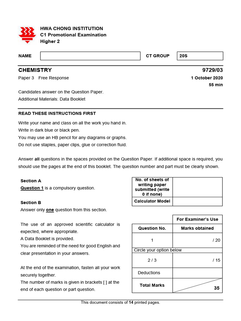 HCI C1 H2 Chemistry Exam Paper | PDF | Chemical Reactions | Methane