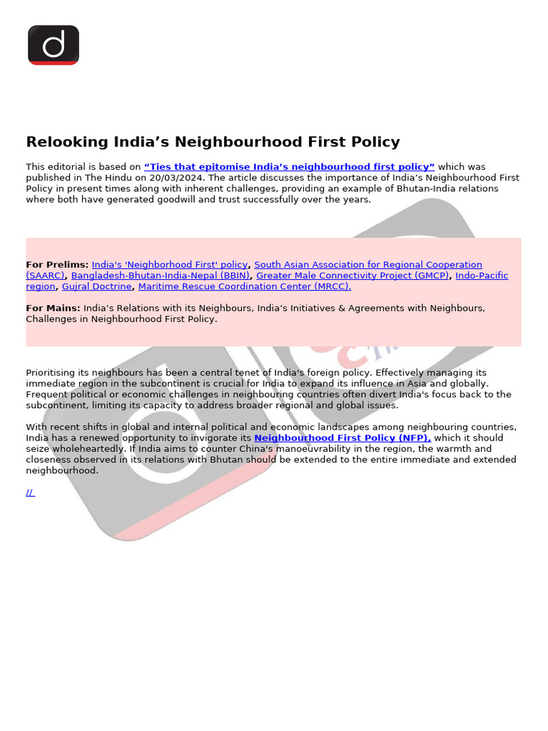 Ties That Epitomise India's Neighbourhood First Policy | PDF
