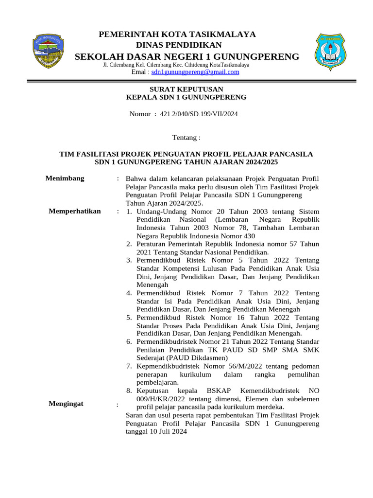 SK Tim Fasilitasi Projek Profil Pelajar Pancasila P5 | PDF