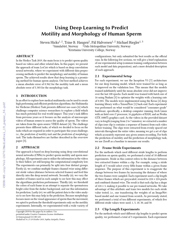 Using Deep Learning To Predict Motility and Morphology | PDF