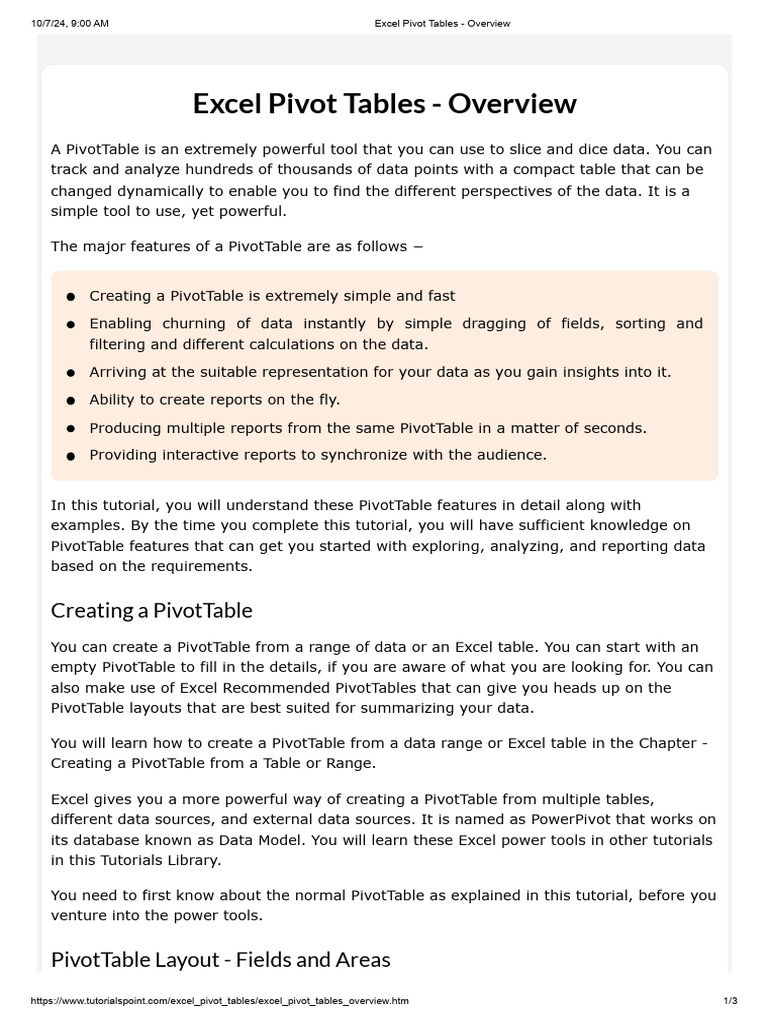 Excel Pivot Tables - Overview | PDF