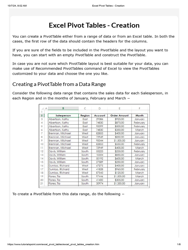 Excel Pivot Tables - Creation | PDF