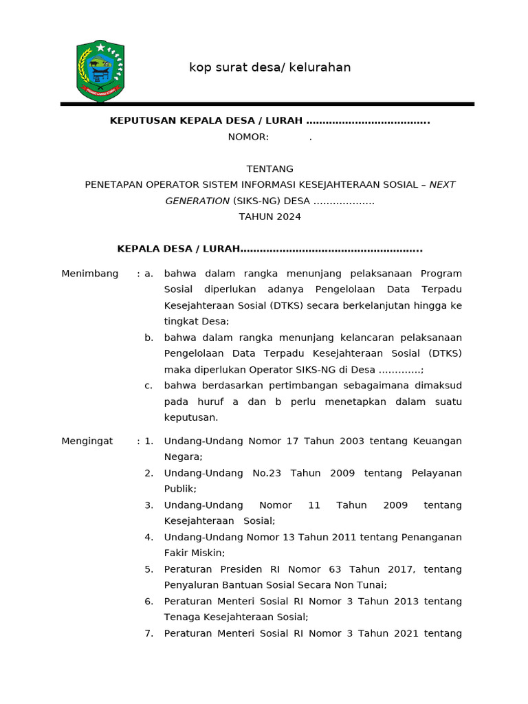 Format Baru SK Operator Siks-Ng Desa | PDF