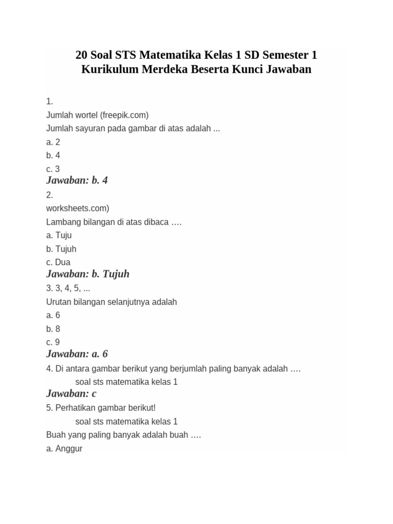 20 Soal STS Matematika Kelas 1 SD Semester 1 Kurikulum Merdeka Beserta Kunci Jawaban | PDF