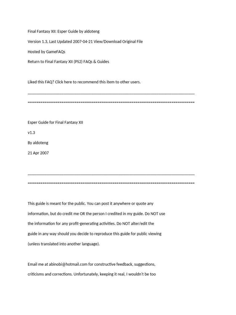 Final Fantasy XII Esper Guide | PDF