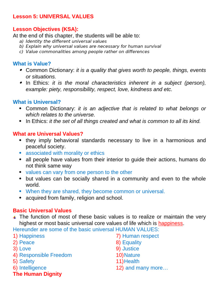 Lesson 5 Universal Values | PDF