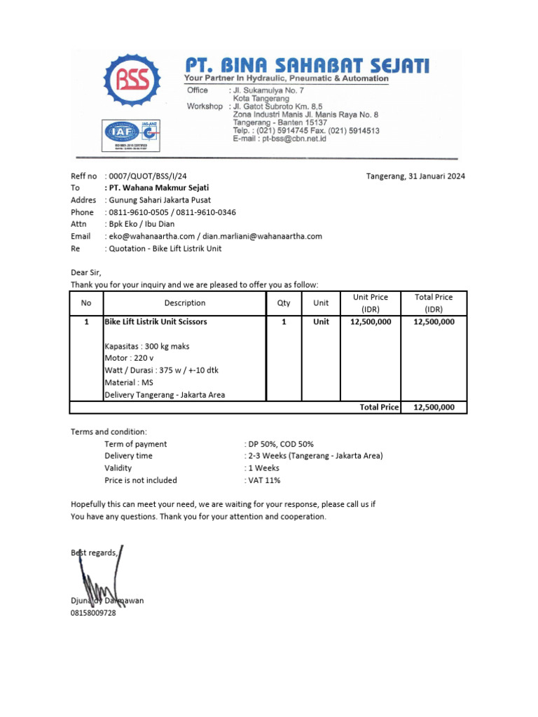 Quotation 31012024 Wahana Bikelift Scissors | PDF